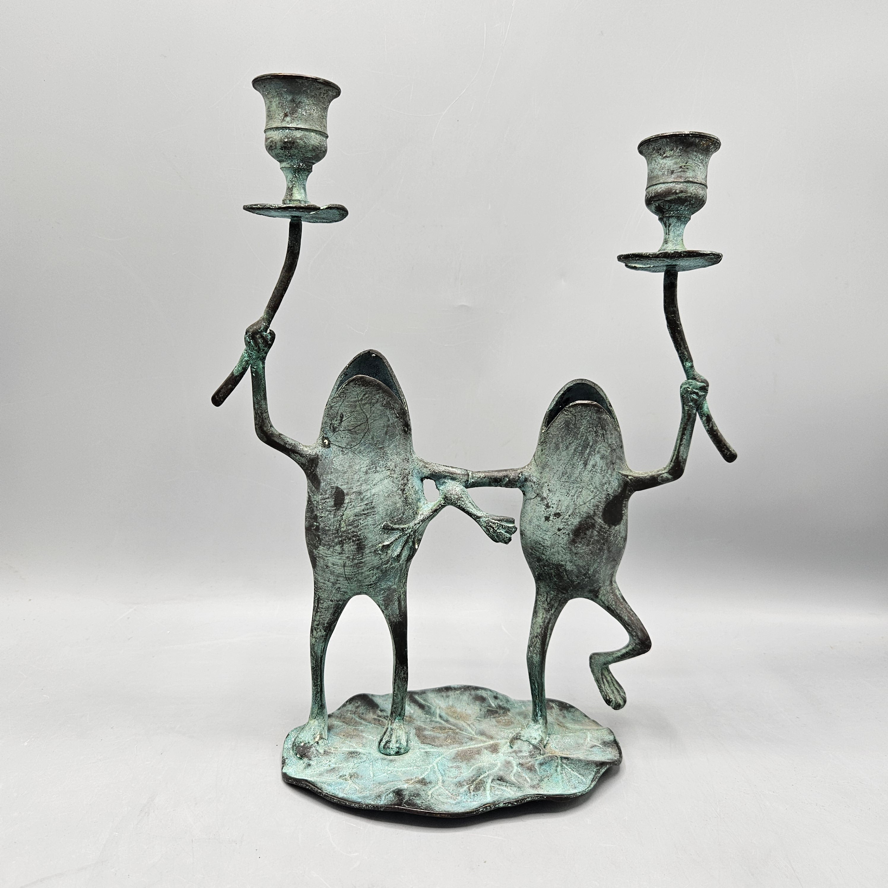 Brass Dancing Frogs on Lily Pad Two-Lite Candelabra