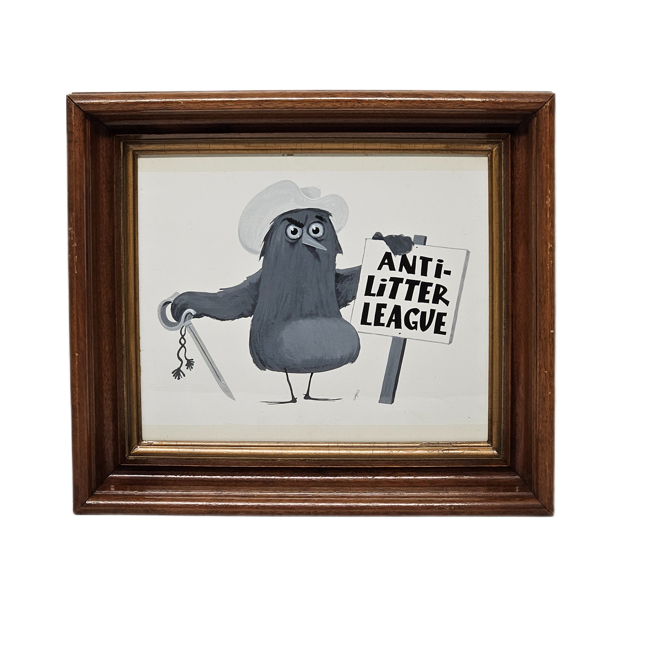 Vintage John Laughlin Illustration Drawing of Bird with Anti-Litter Sign